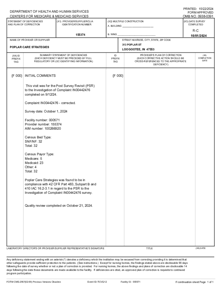 Fillable Online Statement of Deficiencies and Plan of Correction Fax ...