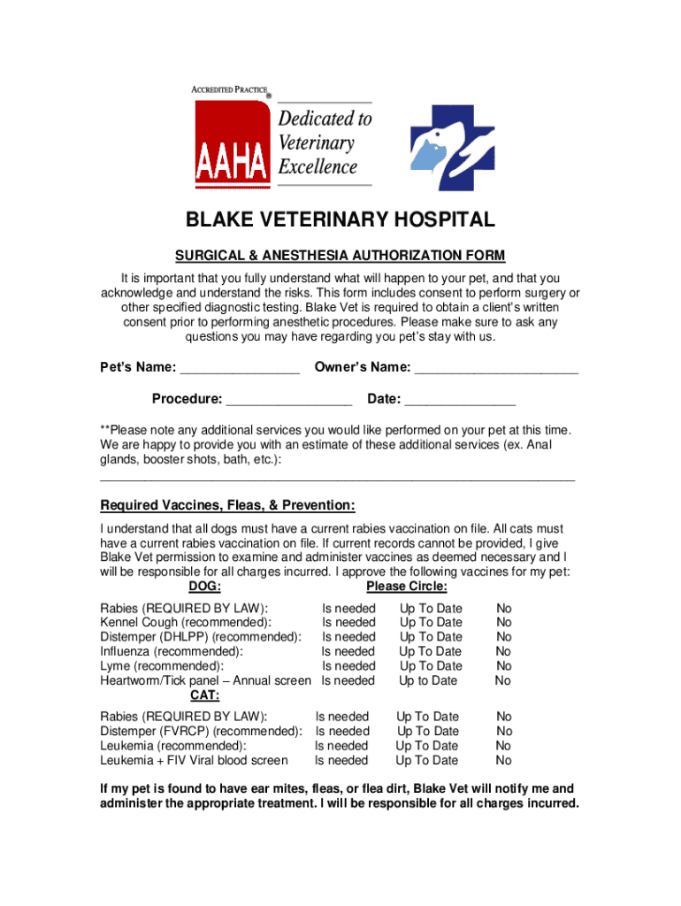 Fillable Online Blake Veterinary Hospital - Surgical & Anesthesia Authorization Fax Email Print ...