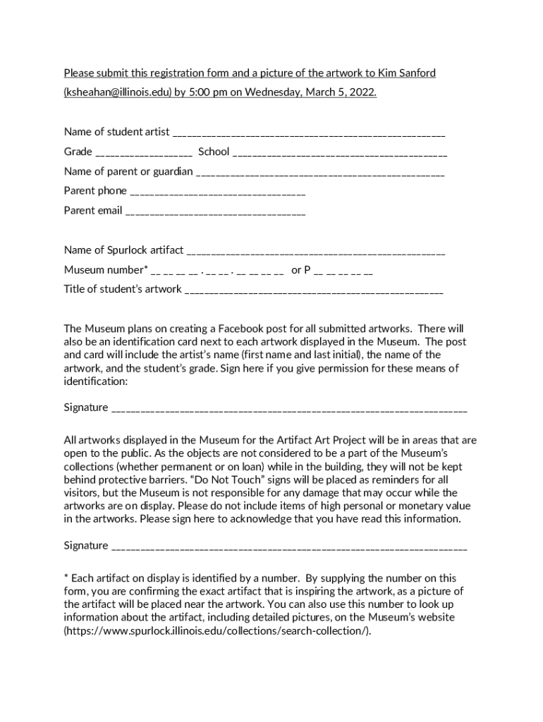 Fillable Online Registration for Artifact Art Project Fax Email Print ...