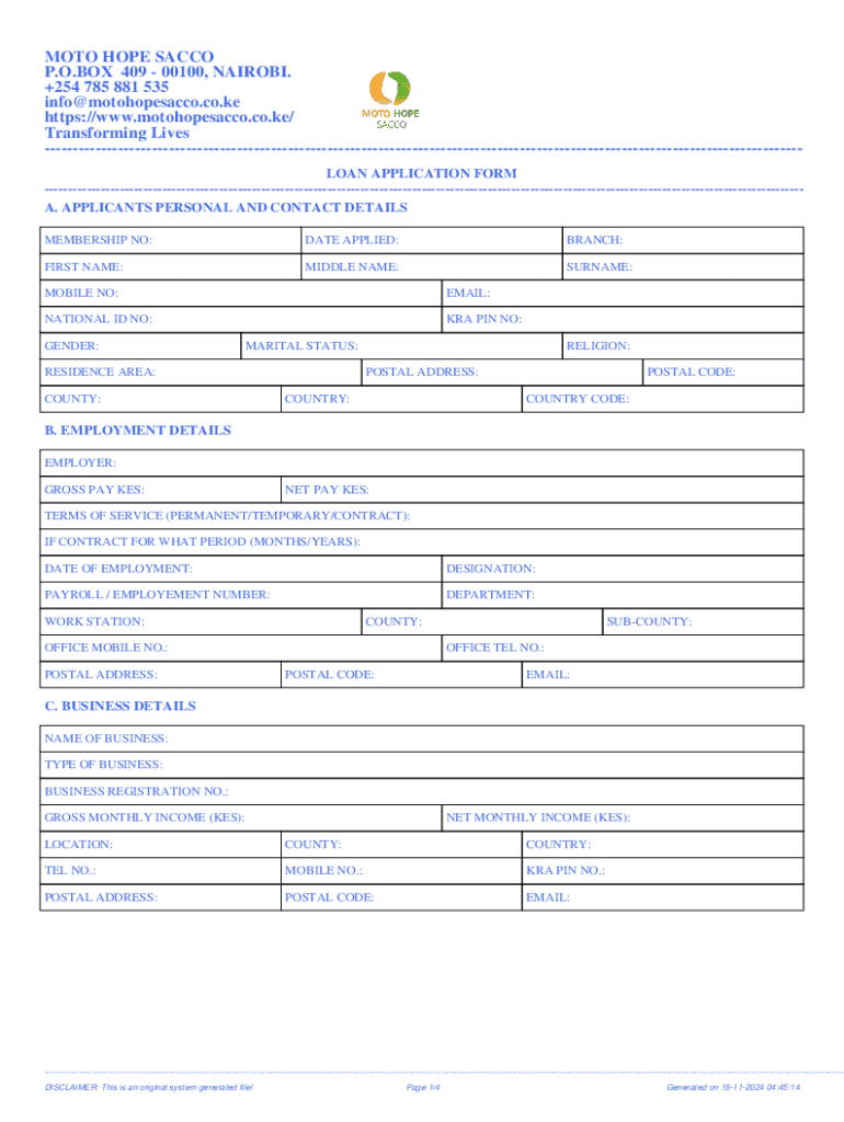 Fillable Online Loan Application Form - MOTO HOPE SACCO Fax Email Print ...