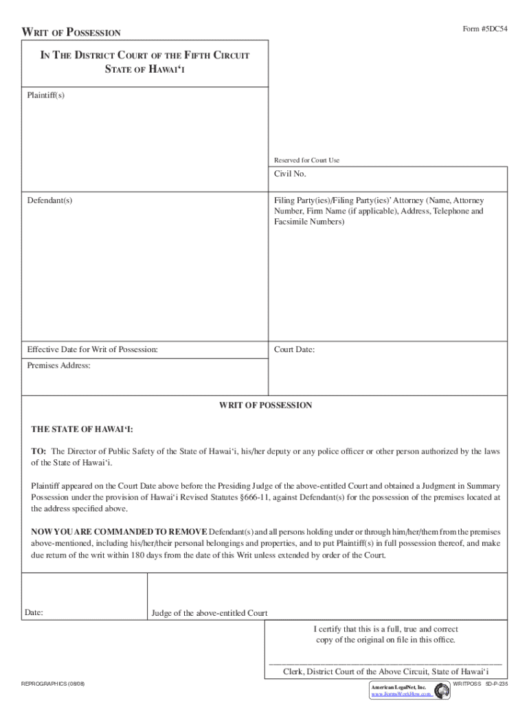 Fillable Online Writ of Possession (form #5dc54) Fax Email Print - pdfFiller