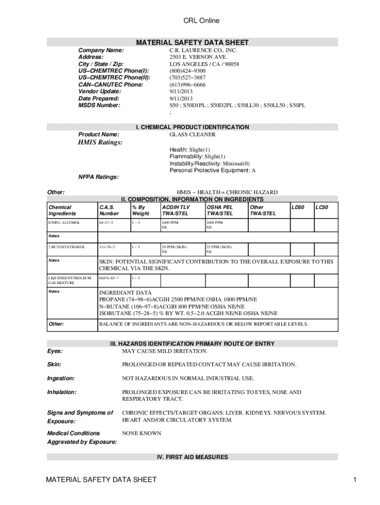 Fillable Online Crl Online Glass Cleaner Msds Fax Email Print - pdfFiller