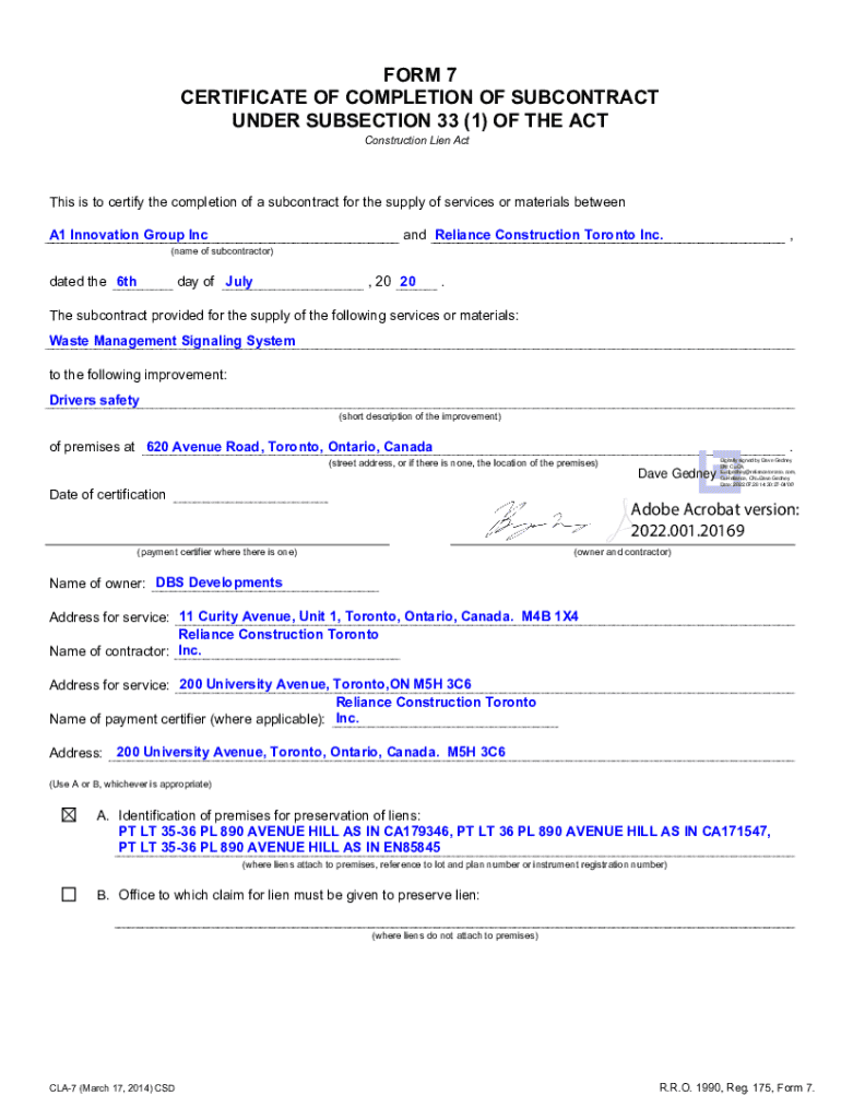 Fillable Online Certificate of Completion of Subcontract Fax Email Print - pdfFiller