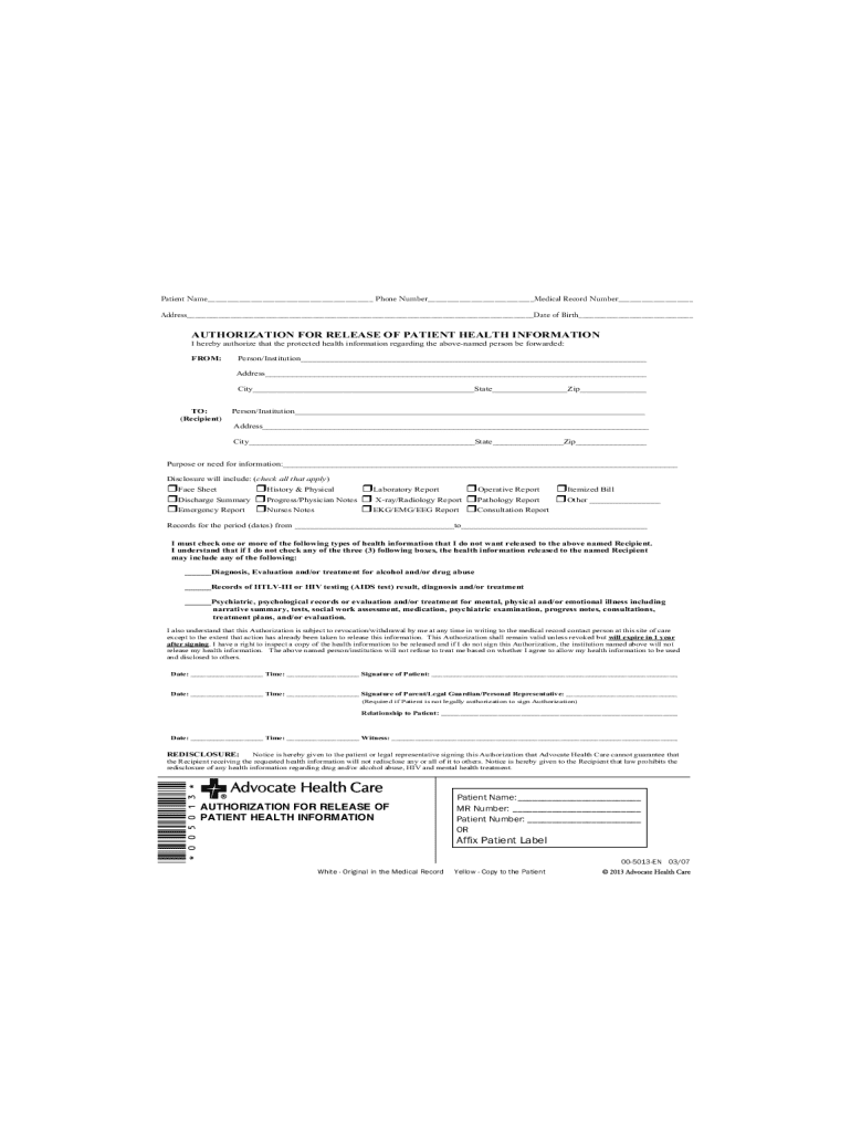Fillable Online Authorization for Release of Patient Health Information Fax Email Print - pdfFiller