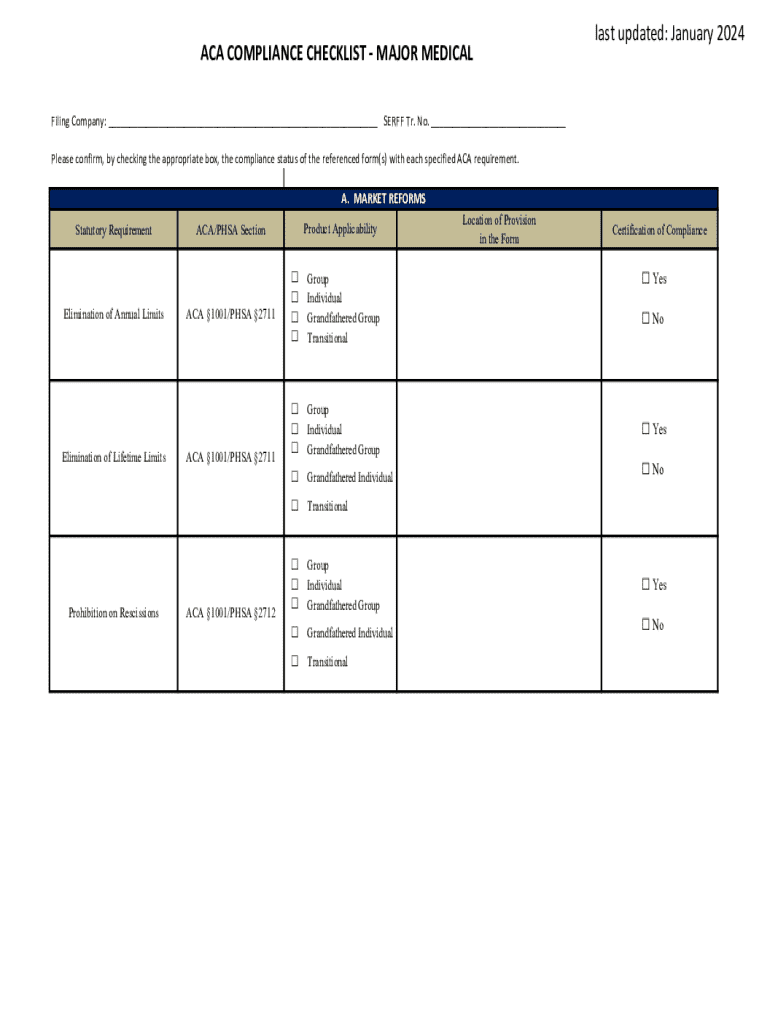 Fillable Online Aca Compliance Checklist for Major Medical Insurance ...