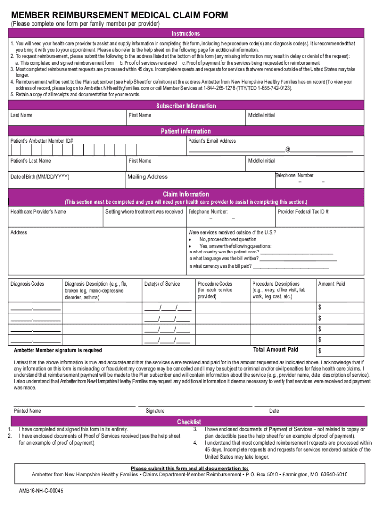 Fillable Online Ambetter Health Plan Member Claim Reimbursement Form ...