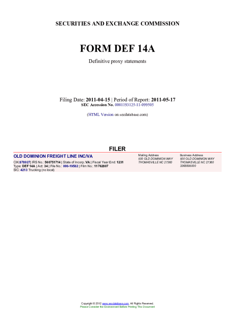 Fillable Online Definitive Proxy Statement for Old Dominion Freight Line Inc. Fax Email Print ...
