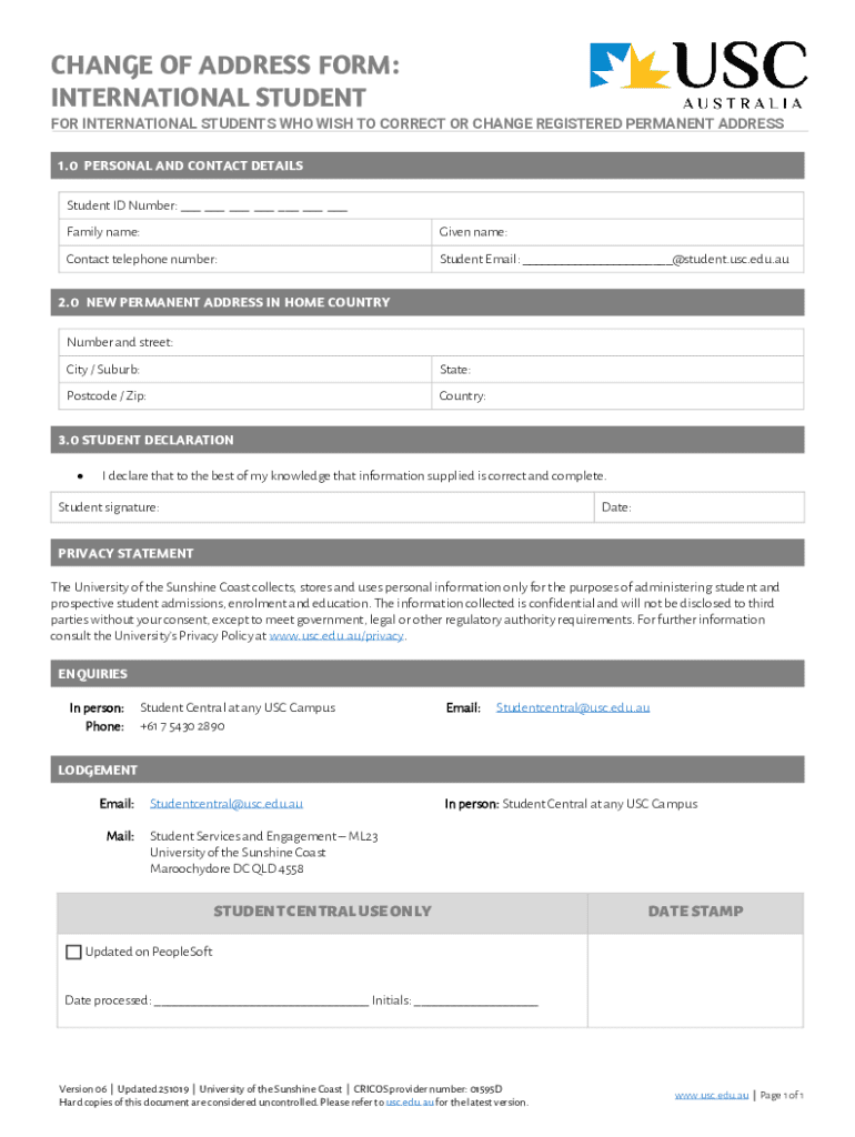Fillable Online Change of Address - International student. Change of ...