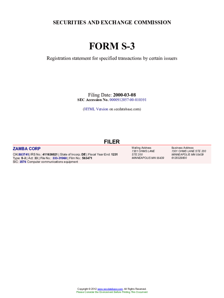 Fillable Online S-3/A: Registration statement for specified ...