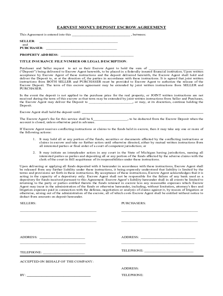 Fillable Online Earnest Money Deposit Escrow Agreement Fax Email Print - pdfFiller