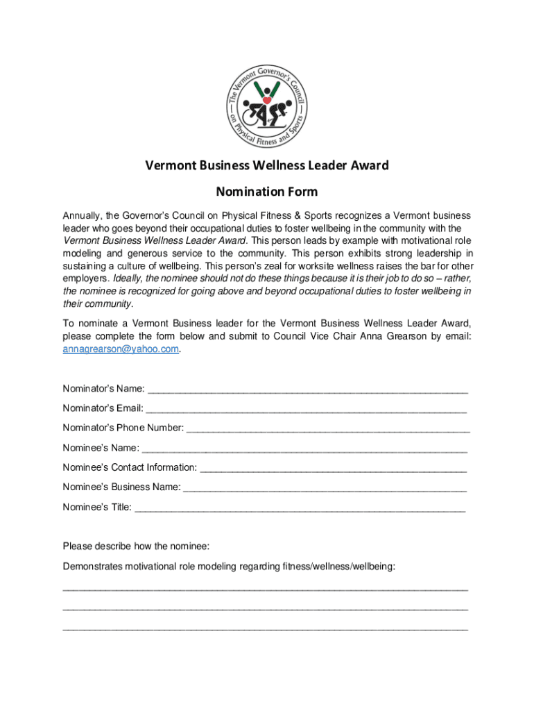 Fillable Online Vermont Business Wellness Leader Award Nomination Form Fax Email Print - pdfFiller