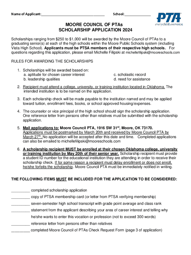 Fillable Online Moore Council of Ptas Scholarship Application Fax Email Print - pdfFiller