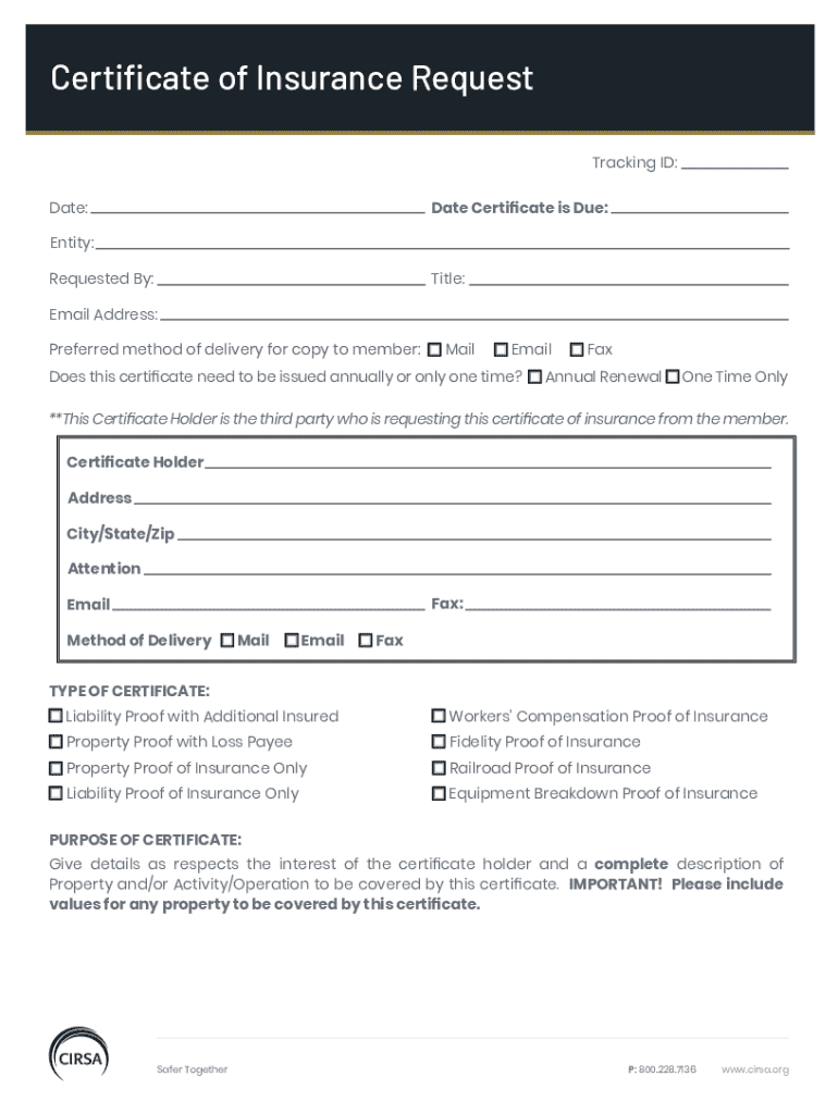 Fillable Online Certificate of Insurance Request Form Fax Email Print - pdfFiller