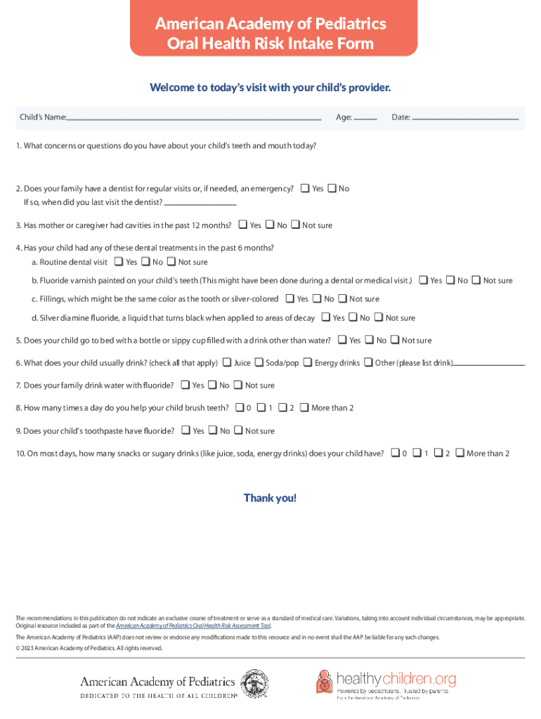Fillable Online American Academy of Pediatrics Oral Health Risk Intake Form Fax Email Print ...