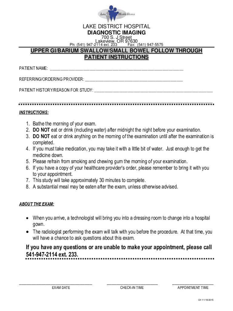 Fillable Online Patient Instructions for Upper Gi/barium Swallow/small Bowel Follow Through Fax ...