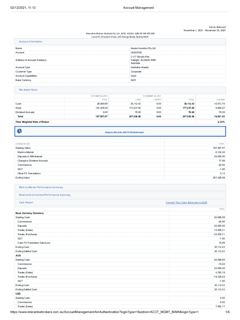 Fillable Online November 2021 Activity Statement for Aware Investors ...