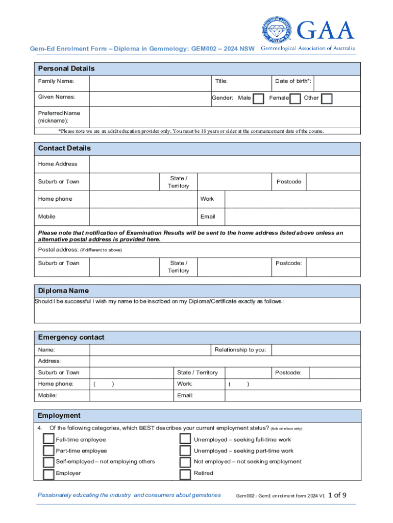 Fillable Online Gem-Ed Enrolment FormPractical Diamond Grading : PDG ...