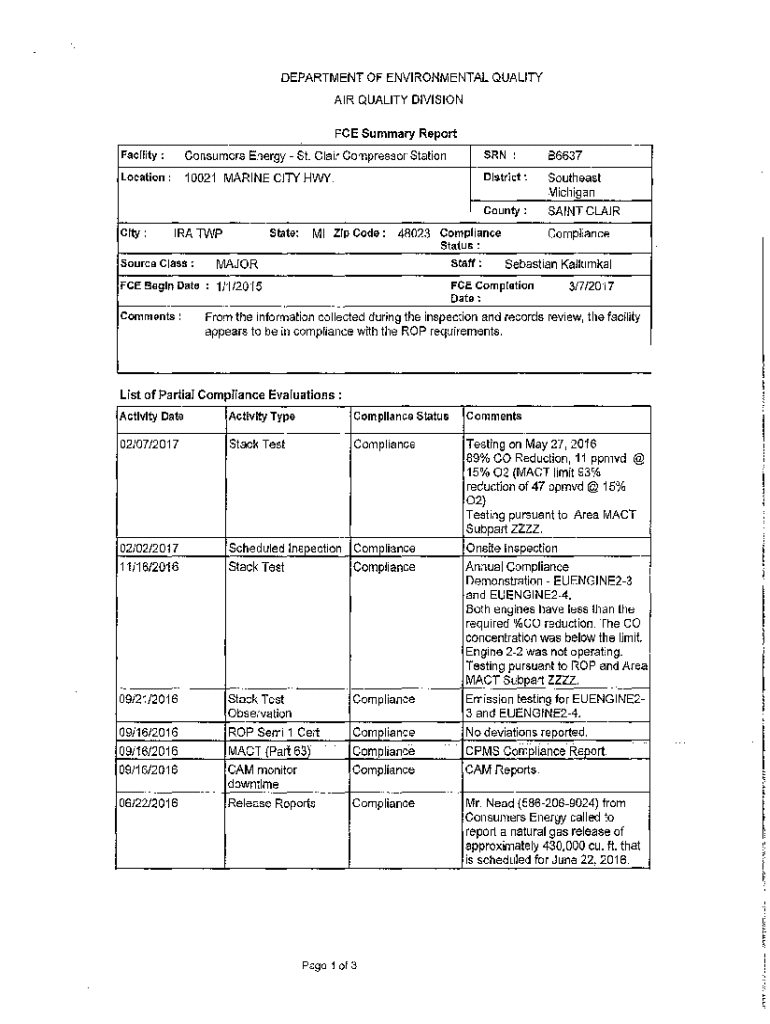 Fillable Online Fce Summary Report for Consumers Energy - St. Clair ...