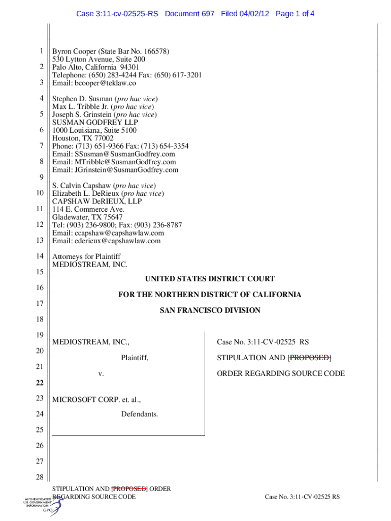 Fillable Online Stipulation and Proposed Order Regarding Source Code Fax Email Print - pdfFiller