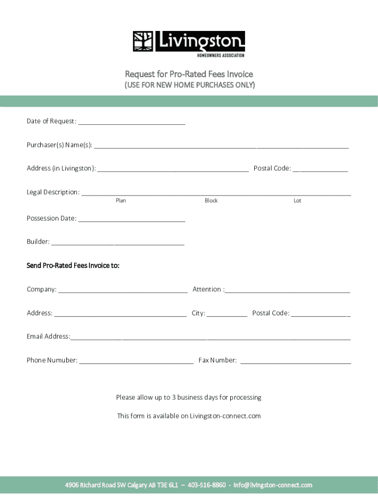 Fillable Online Pro-rated Fees Invoice Request for New Home Purchases Fax Email Print - pdfFiller