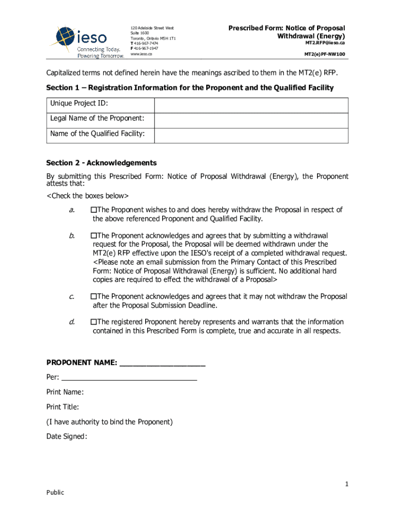 Fillable Online Prescribed Form: Notice of Proposal Withdrawal (Energy ...