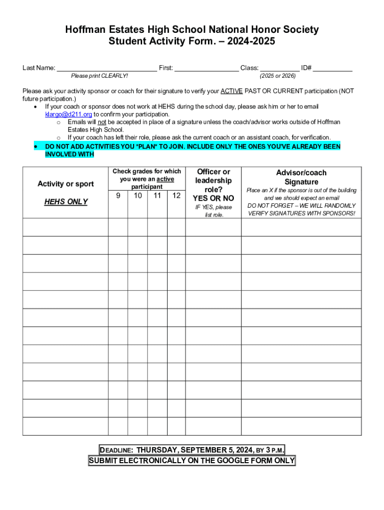 Fillable Online NHS Student Activity Form - 2024-2025. NHS Student Activity Form - 2024-2025 Fax ...