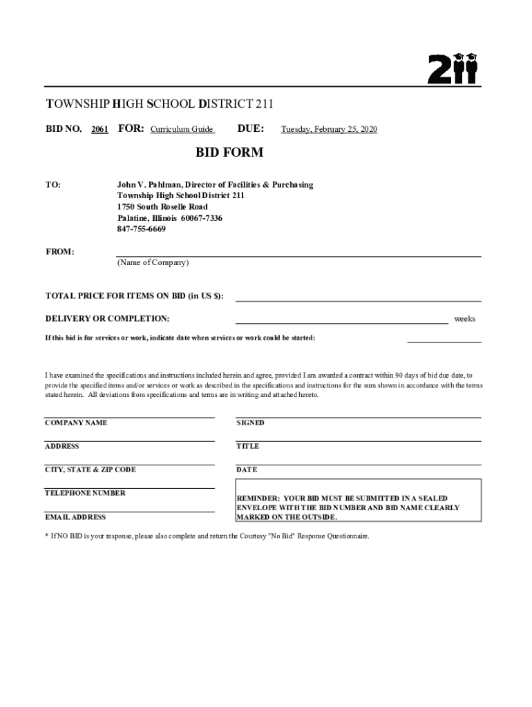 Fillable Online Township High School District 211 Bid No. 2061 Fax Email Print - pdfFiller