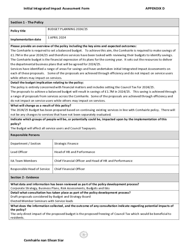 Fillable Online Initial Integrated Impact Assessment for Budget Planning 2024/25 Fax Email Print ...