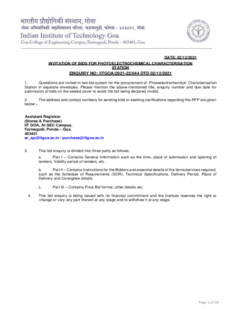 Fillable Online Invitation of Bids - Iit Goa Fax Email Print - pdfFiller