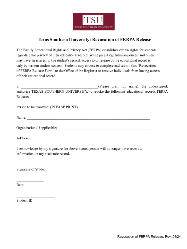 Fillable Online Texas Southern University: Revocation of Ferpa Release ...