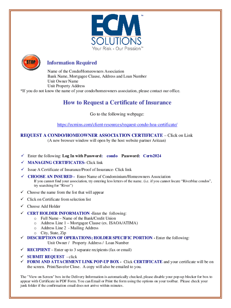 Fillable Online Requesting a Certificate of Insurance for Condo ...