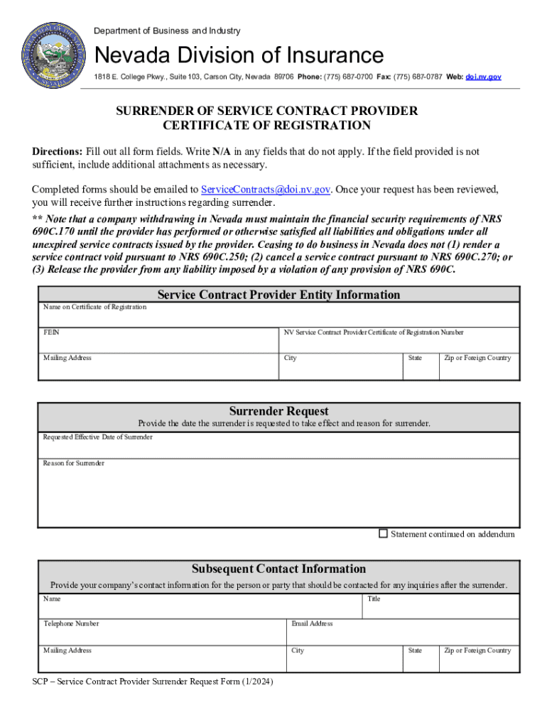 Fillable Online Surrender of Service Contract Provider Certificate of Registration Fax Email ...