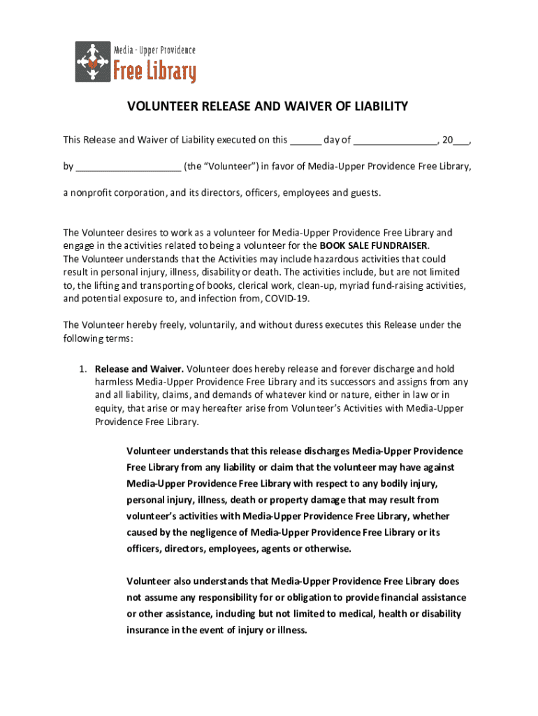 Fillable Online Volunteer Release and Waiver of Liability for Media-upper Providence Free ...