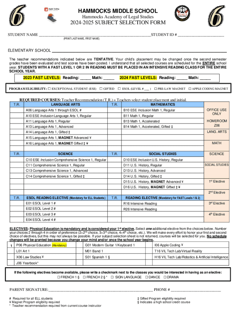 Fillable Online Hammocks Academy of Legal Studies Subject Selection Fax Email Print - pdfFiller