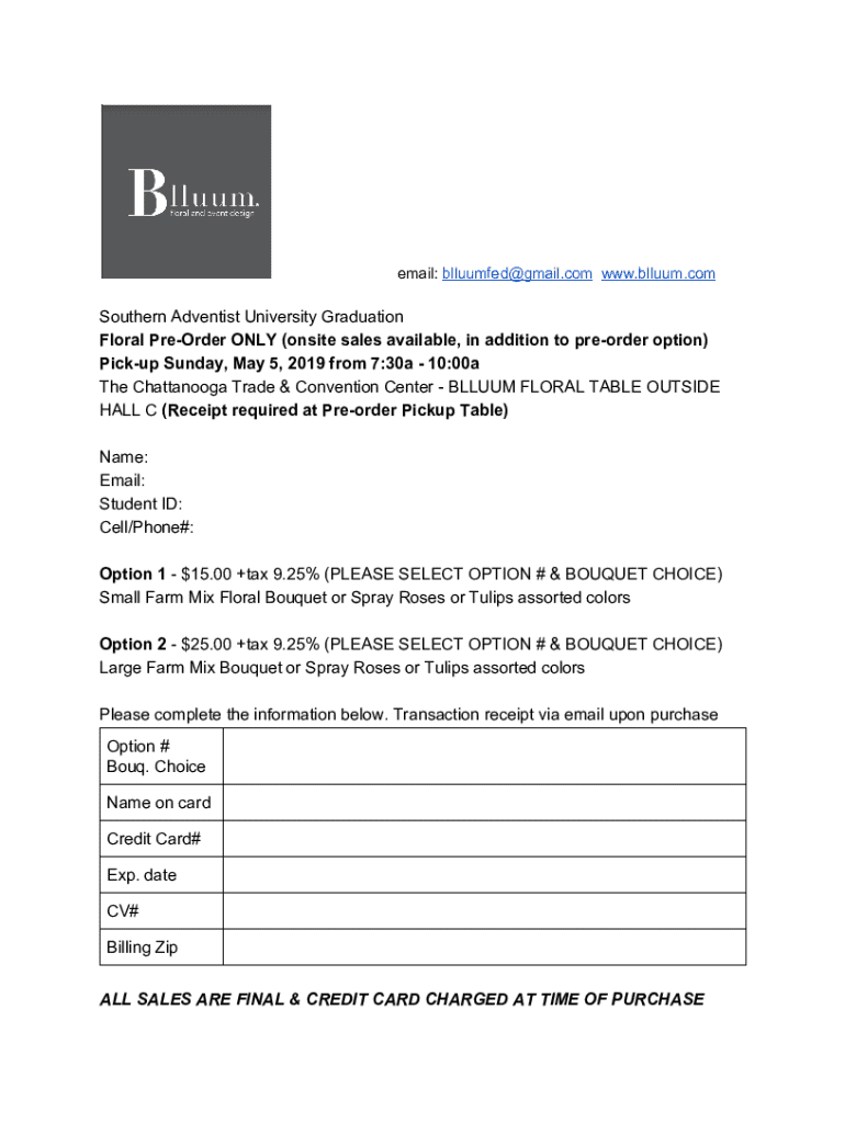 Fillable Online Southern Adventist University Graduation Floral Pre ...