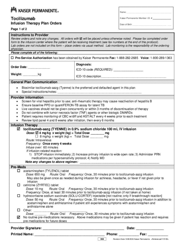 Fillable Online Infusion Therapy Plan OrdersKaiser Permanente ...