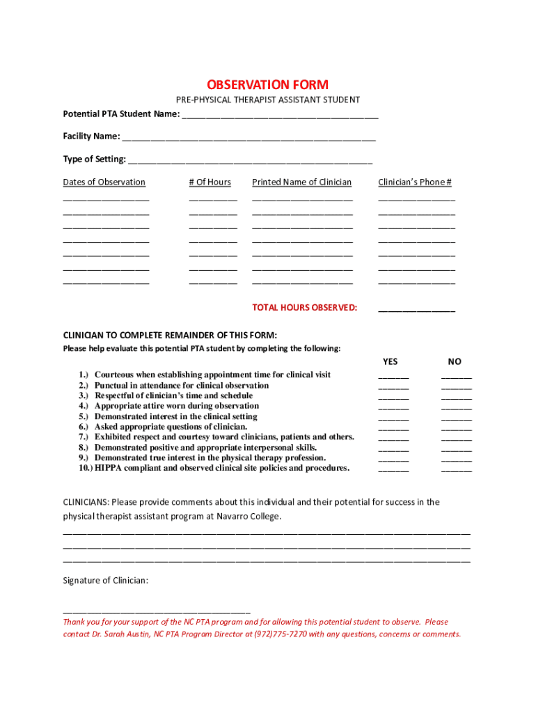 Fillable Online Pre-physical Therapist Assistant Student Observation ...