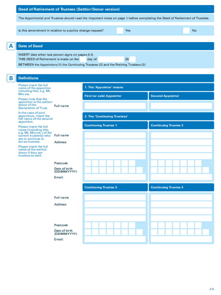 Fillable Online Deed of Retirement of Trustees W14253 08.23E. Deed of Retirement of Trustees ...