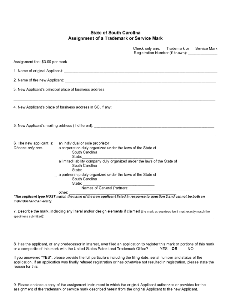 Fillable Online Assignment of a Trademark or Service Mark in South ...
