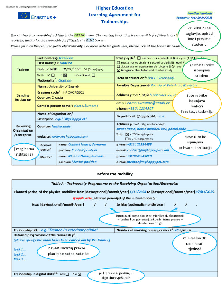 Fillable Online Higher Education Learning Agreement for Traineeships ...