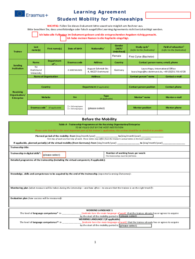 Fillable Online Student Mobility for Traineeships Fax Email Print ...