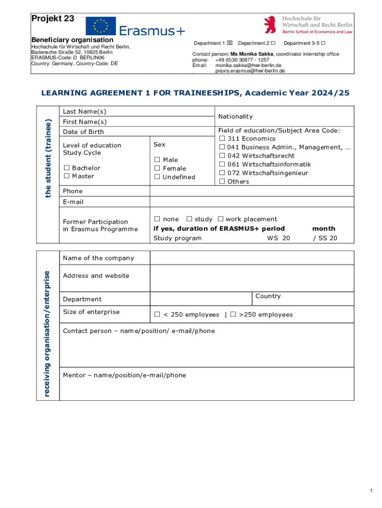 Fillable Online Erasmus+ Learning Agreement for Traineeships 2024/25 ...