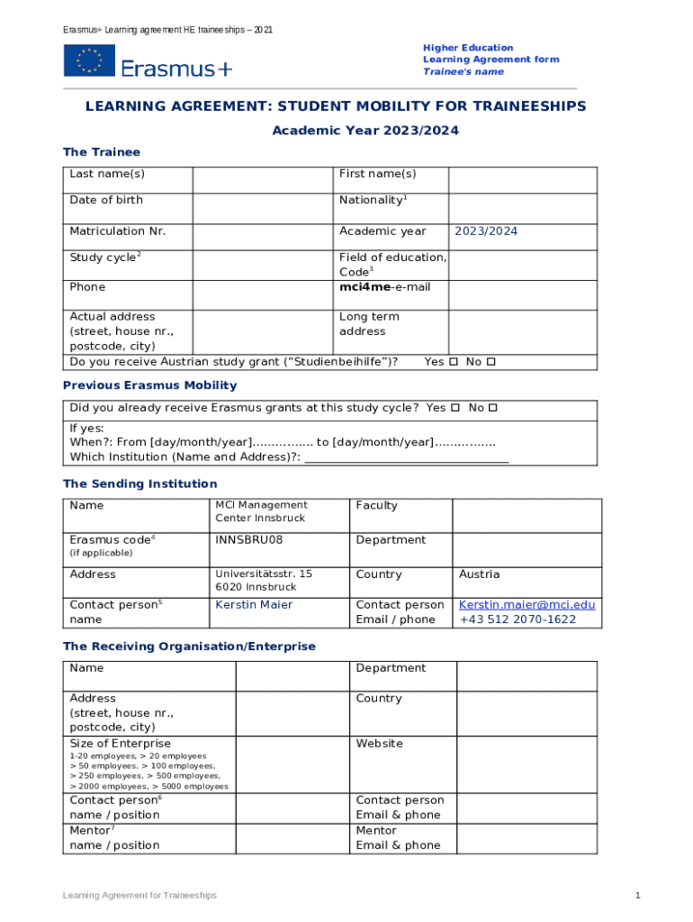Learning Agreement For Traineeship (Before Mobility)PDF Doc Template | pdfFiller