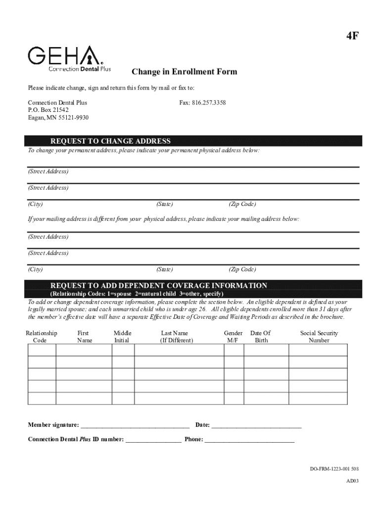 Fillable Online GEHA Connection Dental Plus Change In Enrollment Form ...