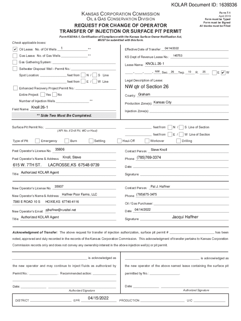 Fillable Online Request for Change of Operator Transfer of Injection or ...