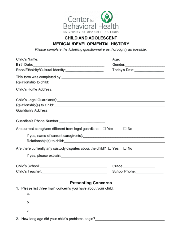 Fillable Online Child and Adolescent Medical/developmental History ...