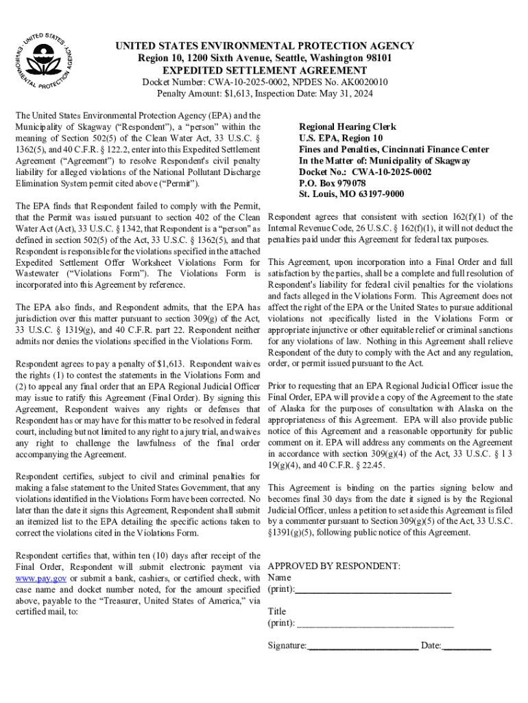 Fillable Online Expedited Settlement Agreement Between Epa and ...