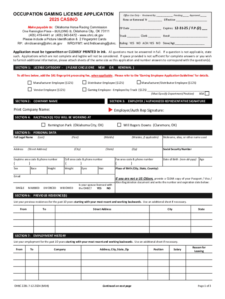 Fillable Online 2025 OCCUPATION GAMING LICENSE RENEWAL ... Fax Email ...