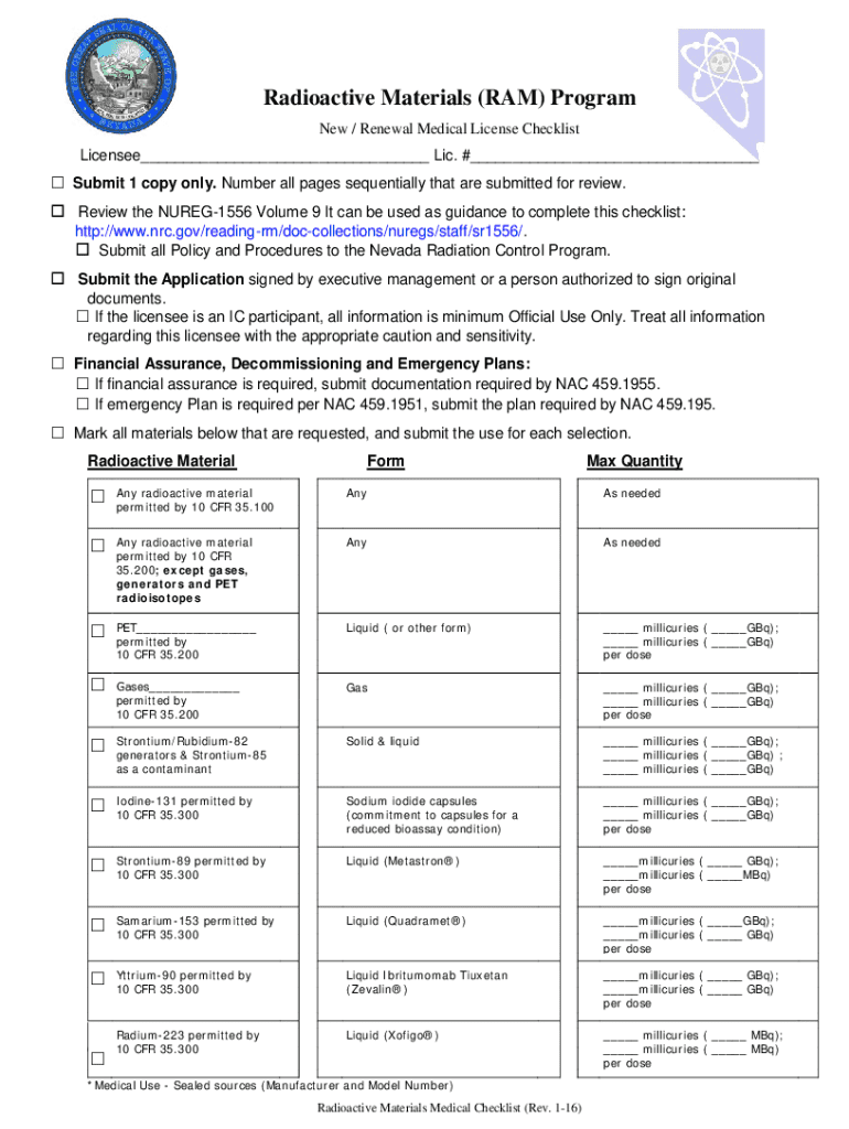Fillable Online New / Renewal Medical License Checklist for Radioactive ...