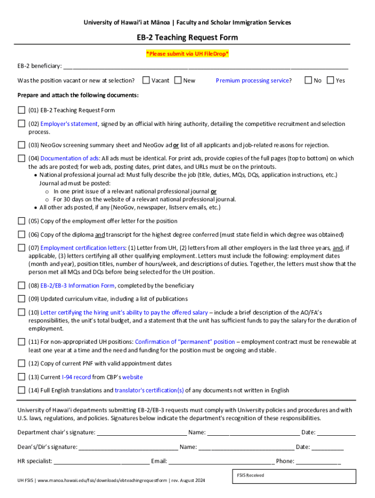 Fillable Online Eb-2 Teaching Request Form at University of Hawaiʻi at Mānoa Fax Email Print ...